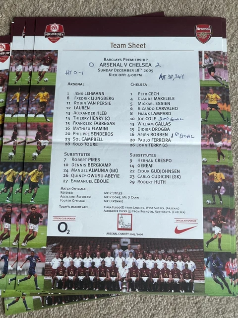 19 2005/2006 ARSENAL FC Team Sheet items, Premiership & Champions ...