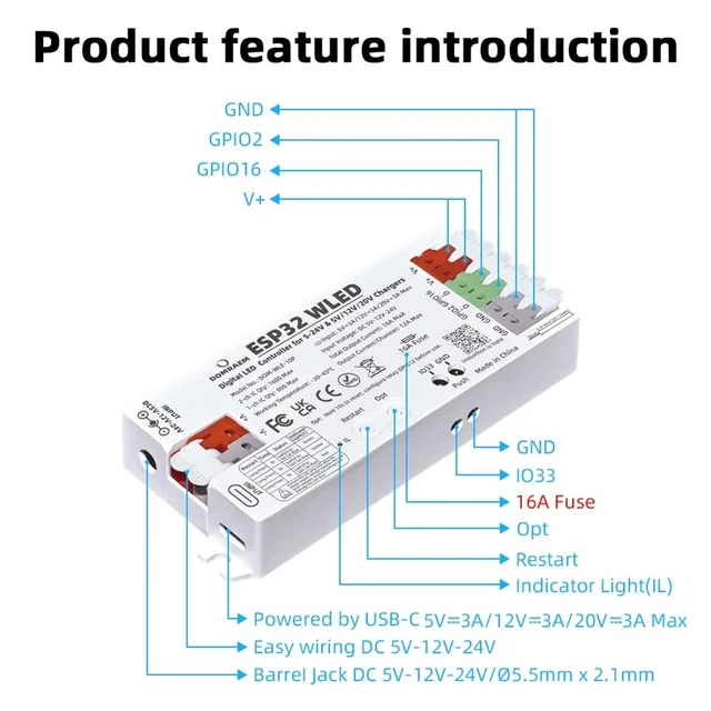 ESP32 WLED CONTROLLER - Dual PSU (PD and 5-24V DC), 16A Fuse for ...