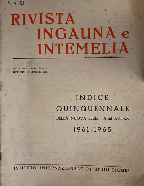 RIVISTA INGAUNA E intemelia Anno XVI-XX 1961-1965. . Aa.vv. 1965. . EUR ...