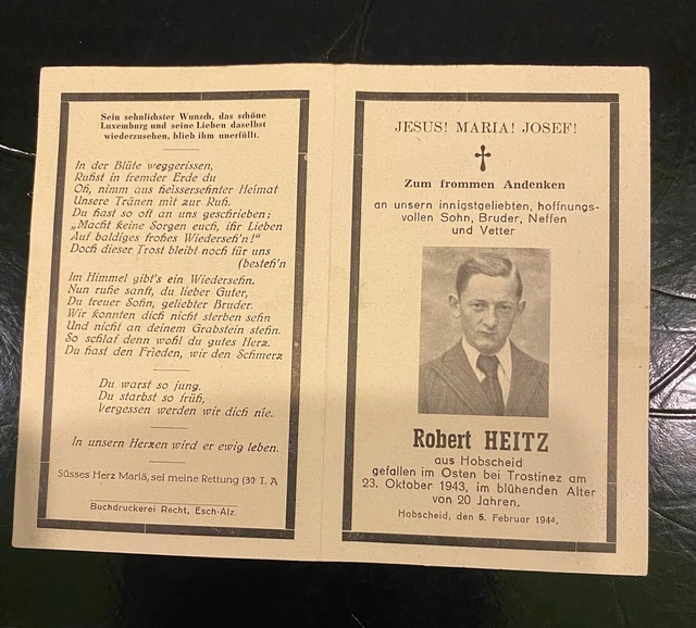 STERBEBILD WK 2/DEATH Card WW2 Luxembourg Luxemburg Hobscheid Heitz R ...