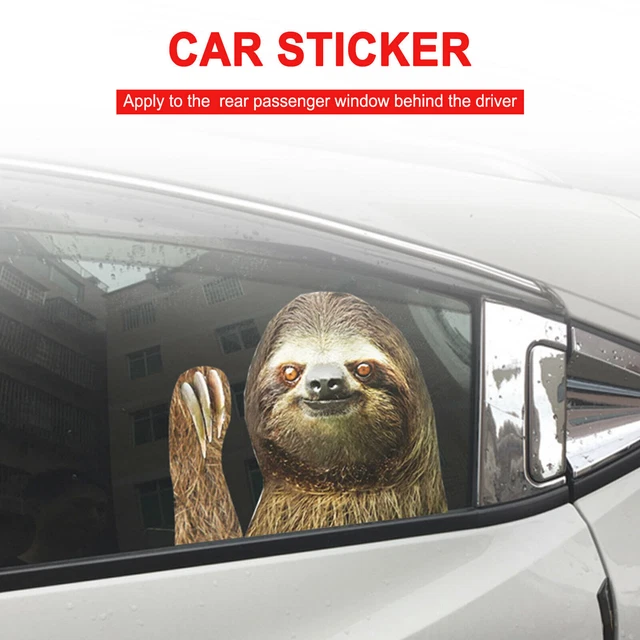 CAR WINDOW STICKER Person Size Passenger Side Left Sloth Waving Funny ...