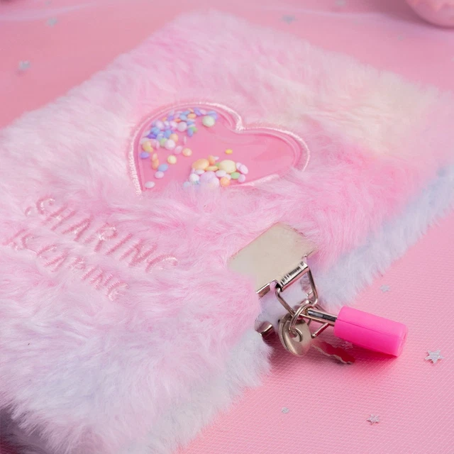 KIDS LOCKABLE JOURNAL Soft Fluffy Heart Diary with Lock and Key Secret ...