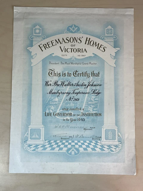 VINTAGE MASONIC CERTIFICATE 1943 Maribyrnong Temperance Lodge Victoria ...