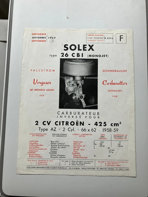 SOLEX MODELLO 26 C BI Opuscolo descrittivo rivenditore carburatore ...