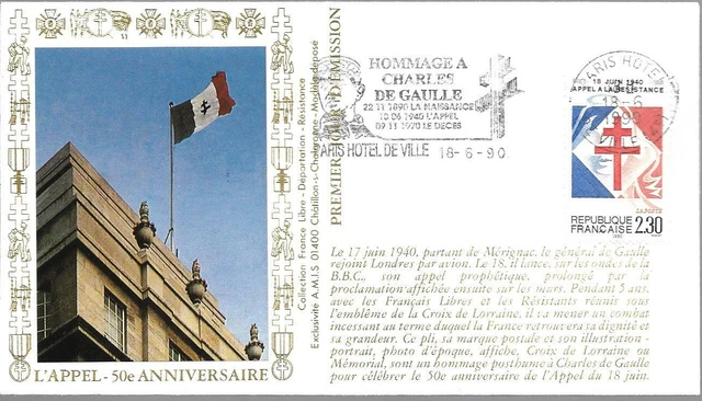 G197+ FDC ENVELOPPE 1er JOUR 50° ANNIVERSAIRE DE L'APPEL DU GENERAL DE GAULLE EUR 4,00 - PicClick FR
