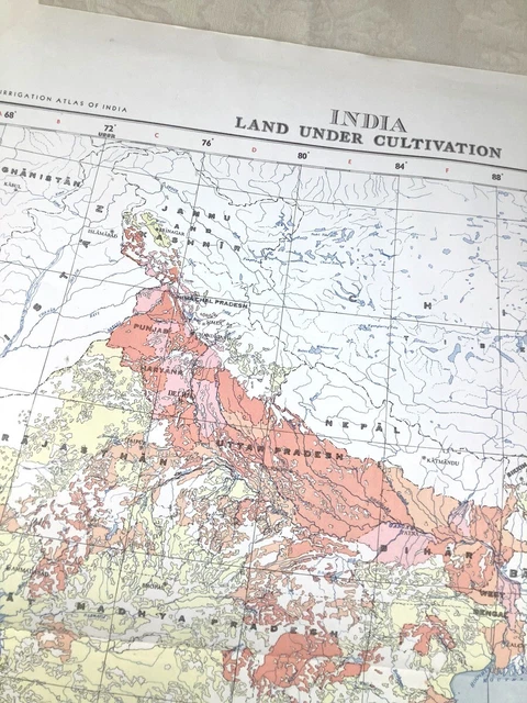 1972 LARGE VINTAGE Map of India Indian Land Use Cultivation Faming ...
