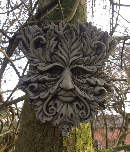 STONE GARDEN GREEN Man Leaf Face Wall Plaque Hanging Pagan Wiccan Tree ...