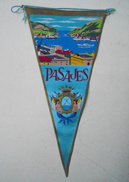 FANION ANCIEN PASAJES Pays Basque bleu et or pochoir vue du port 50s ...