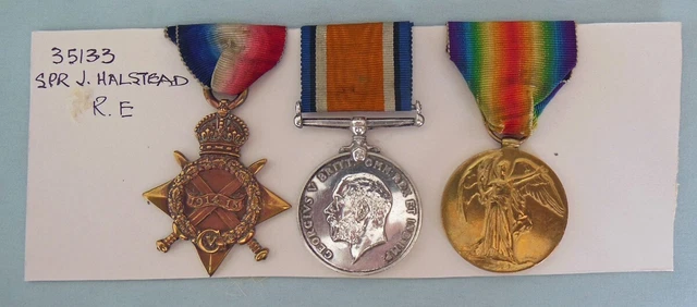 ORIGINAL MOUNTED WW1 Medal Trio & Ribbons To 35133 Sapper J Halstead ...