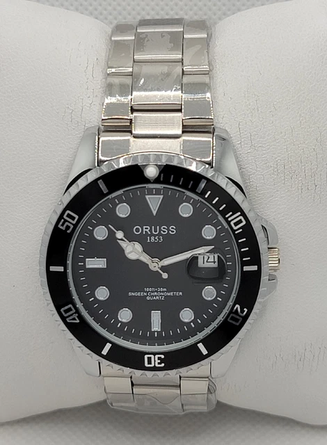 OROLOGIO DA UOMO Oruss 1853 Argento rotondo quadrante nero lunetta data ...