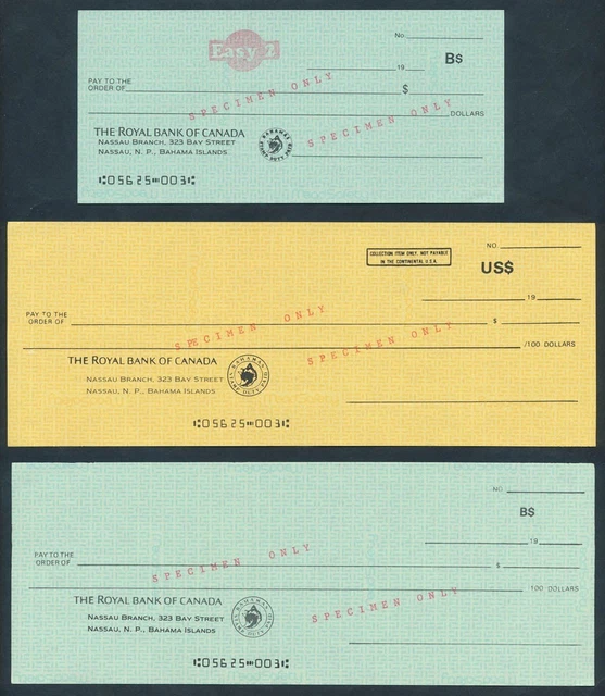 BAHAMAS: 1980S ROYAL Bank of Canada SCARCE SET OF 3 "SPECIMEN" CHEQUES ...