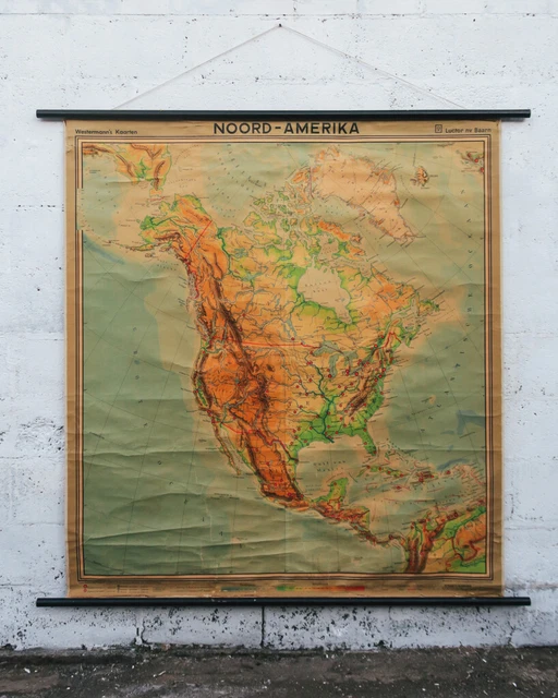 VINTAGE MID CENTURY German Large Wall Chart Map North America Usa ...