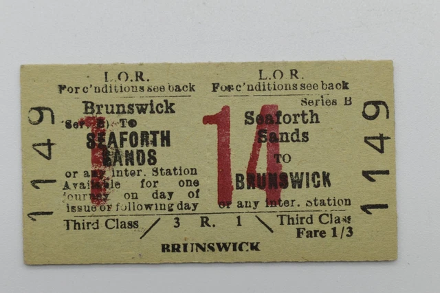 LIVERPOOL OVERHEAD RAILWAY Ticket Seaforth Sands to Brunswick LOR #1149 ...