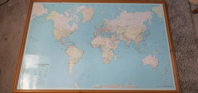 LARGE FRAMED WORLD political wall map with mid pine frame surround £15. ...