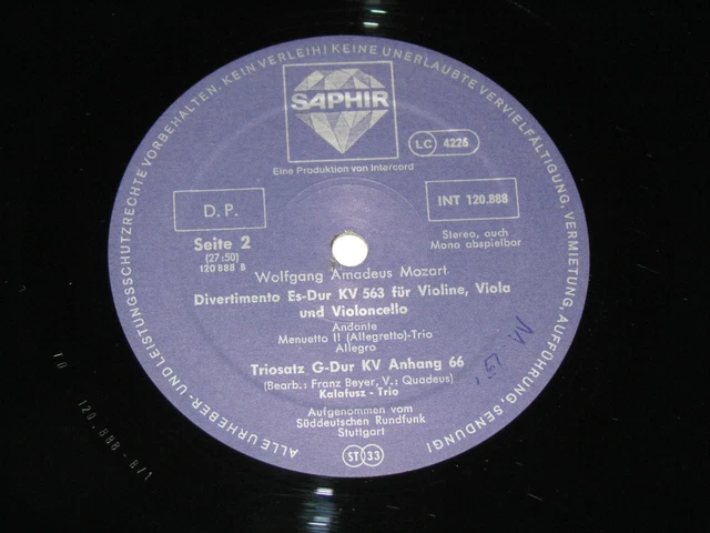 MOZART DIVERTIMENTO KV 563 LP Saphir Germany Vinyl 1977 Kalafusz-Trio ...