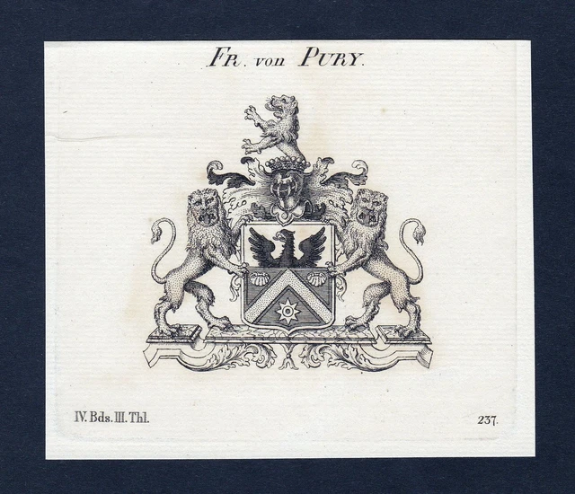 PURY WAPPEN ADEL coat of arms Kupferstich antique print heraldry 1820 ...