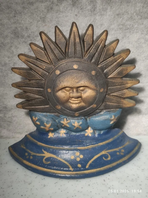 ANTIQUE PAINTED CAST Iron Sun Doorstop& Fireplace Accessory 18сm 1,4kg ...