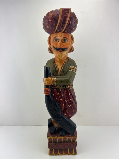 VINTAGE RARE INDIAN Rajasthani Statue Royal Guard Hand Carved Painted ...
