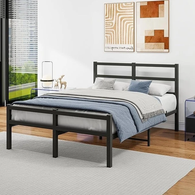 HAHRIR DOUBLE BED Frame with Headboard Metal 135x190cm Black Boxed £59. ...