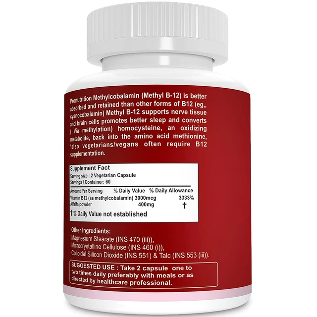 PRO NUTRITION VITAMIN B12-3000 Methylcobalamin 120 Vegetable caps Long ...