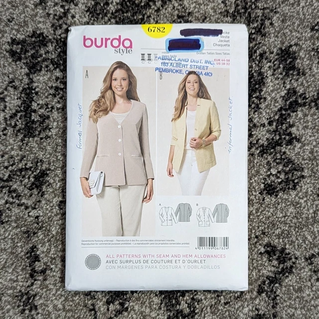 BURDA STYLE JACKET Sewing Pattern 6782 - Uncut (Sizes 18-20-22-24-26-28 ...