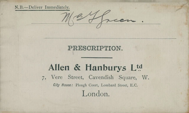ANTIQUE PRESCRIPTION ENVELOPE Allen & Hanbury Cavendish Square London £ ...