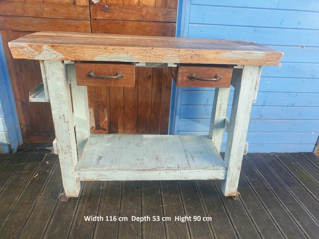VINTAGE INDUSTRIAL SOLID Wooden Work Bench Kitchen Island Counter Table ...