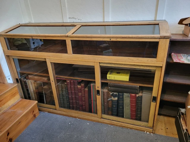 VINTAGE ANTIQUE LIGHT oak retail display cabinet with sliding glass ...