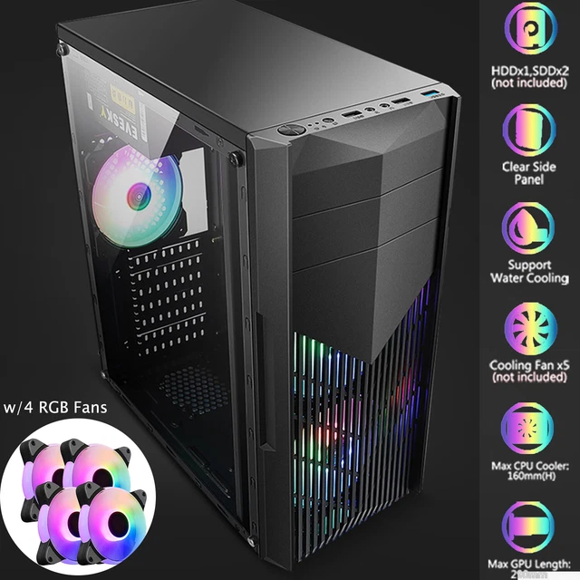 PC GAMING COMPUTER Case ATX/MATX/ITX Mid Tower Case Side Panel w/4 RGB ...