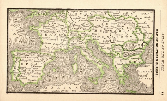 1888 ANTIQUE EUROPE Map The MEDITERRANEAN Map RARE MINIATURE Original ...