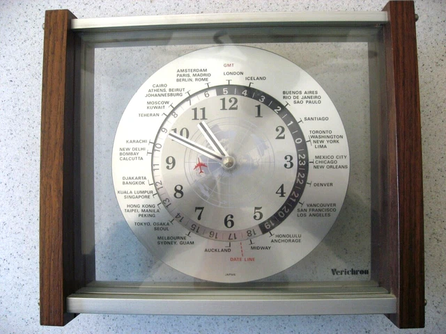 VINTAGE 1969 VERICHRON Executive World Time Desk Top Clock Teak ...