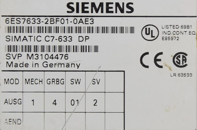 SIEMENS SIMATIC C7-633 DP 6ES7633-2BF01-0AE3 6ES7 633-2BF01-0AE3 ...