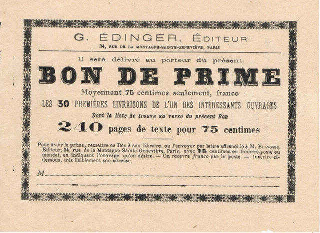 BON DE PRIME des Éditions G. ÉDINGER pour l'Achat de Livres Imprimerie ...
