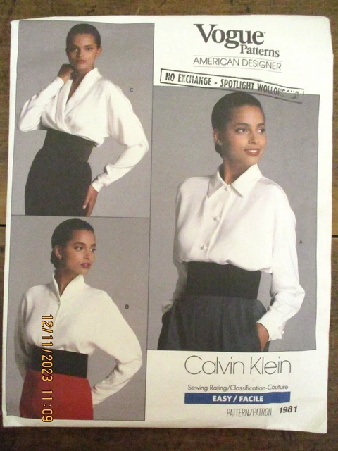 VINTAGE VOGUE PATTERNS 1981 - CALVIN KLEIN - MISSES' BLOUSE - Size 14 - UNCUT EUR 18,02 ...