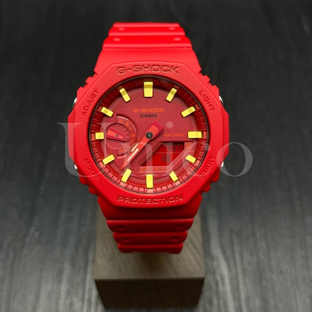 CUSTOM MADE CASIOAK MODS Watch GA2100-1A4 Red Dial Yellow Scale Ring ...