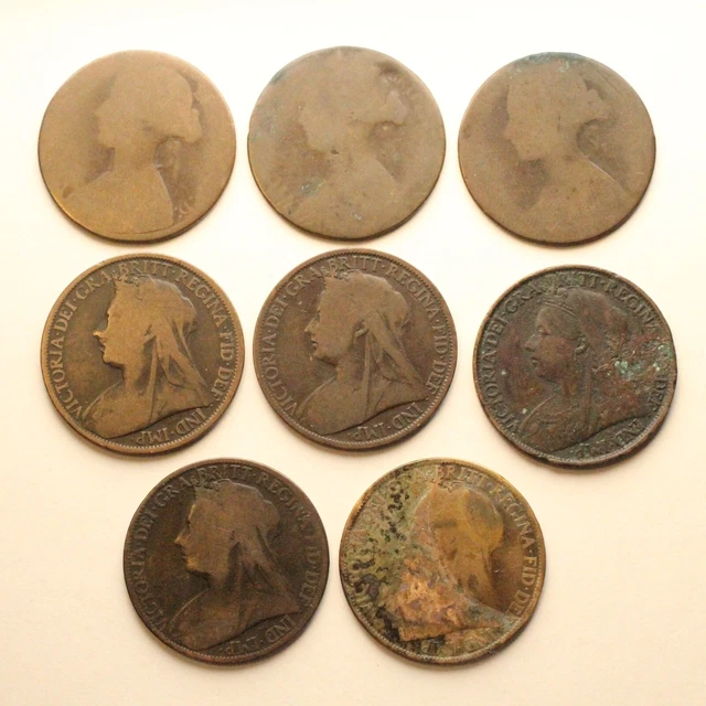 BRITISH - ONE Penny Queen Victoria Coins x 8 (1873-1900) **COLLECTABLE ...