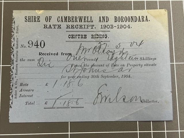 VINTAGE RECEIPT SHIRE Of Camberwell Boroondara Rate Receipt 1903 ...