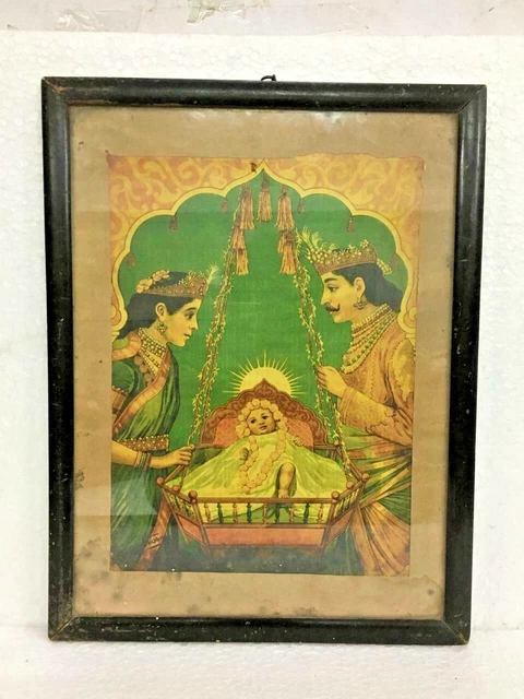 VINTAGE OLD HINDU God Shri Ram Birth, Raja Ravi Varma Print In Mirror ...