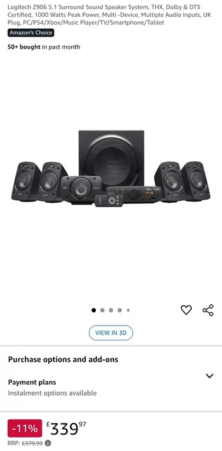 LOGITECH Z906 5.1 Surround Sound Speaker System THX, Dolby Digital, DTS ...