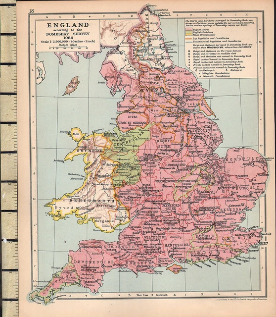 1928 OLD MAP ~ England According to Domesday Welsh Shires Survey (1086 ...