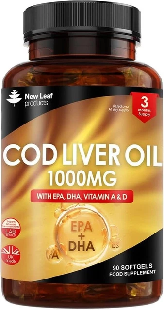 COD LIVER OIL Capsules 1000mg - 90 High Strength Softgels with Omega 3 ...