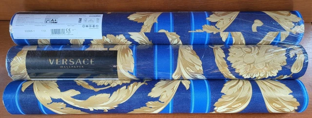 ORIGINAL VERSACE BLUE & Gold Home Collection Wallpaper x 2+ -Pattern No ...
