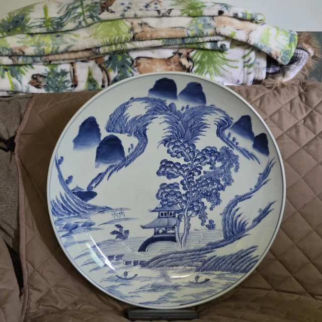 LARGE ANTIQUE BLUE & White Chinese Asian Porcelain Charger Signed 12 5/ ...