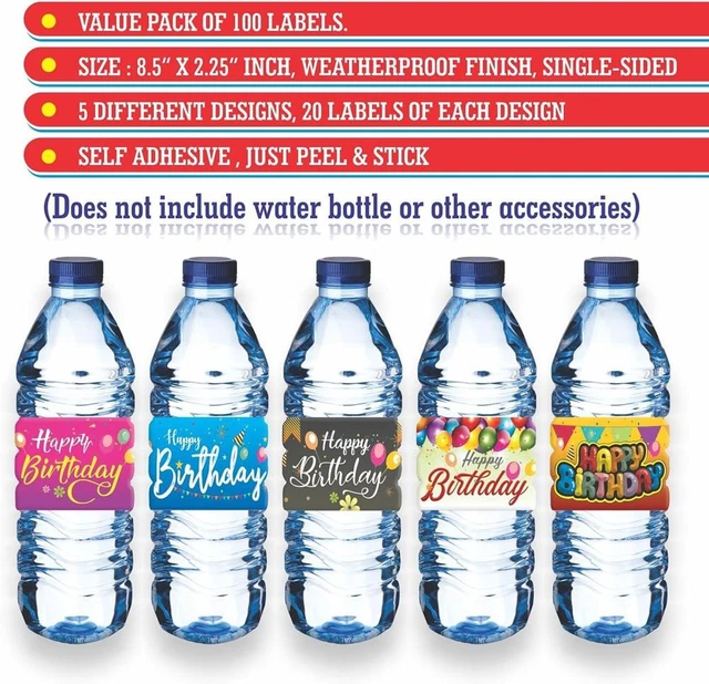 HAPPY BIRTHDAY WATER Bottle Labels - (Pack of 100) 8.5" x 2.25 ...