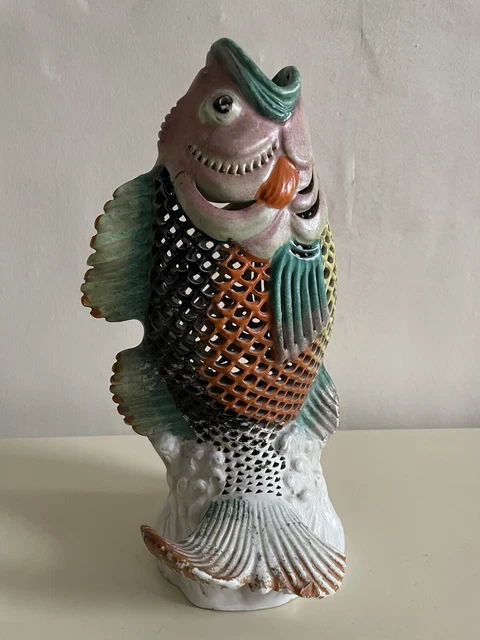 LARGE RETICULATED CHINESE Porcelain Leaping Koi Carp Fish Figure ...
