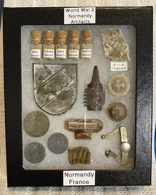 WW2 RELICS,NORMANDY BEACH sand w/ COA,MG34 link,German Helmet Shield,B ...