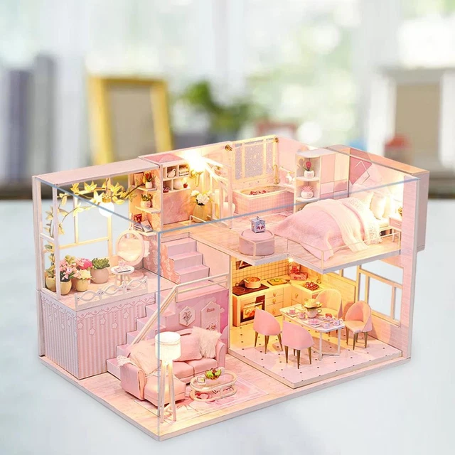 MINIATURE KIT PINK Dollhouse No Doll House Handcraft Dollhouse for ...