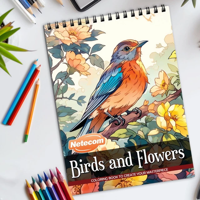 BIRDS AND FLOWER Spiral Bound Coloring Book, Nature Enthusiasts and ...