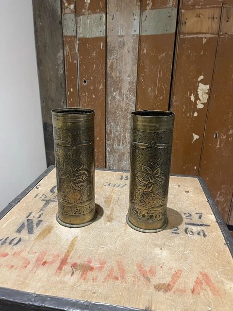 WW1 ARTILLERY SHELL Brass Trench Art Vases Vintage Pair Dez Polte ...