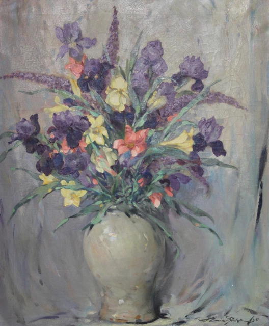 ERIC PAPE-CA/NYC RÉALISTE-HUILE originale signée-iris/violet fleur ...